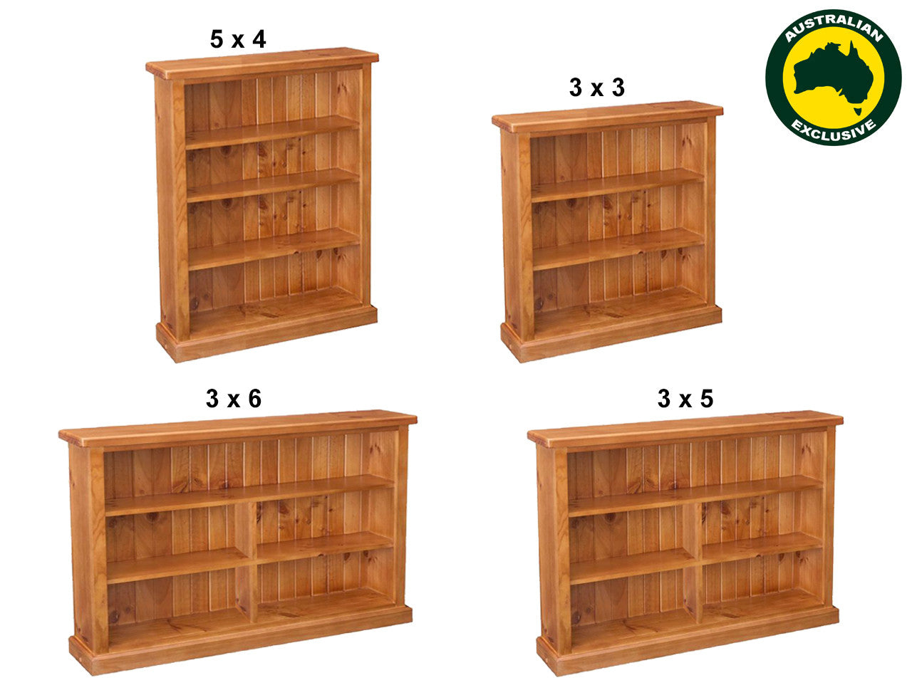 DOMED (AUSSIE MADE) LOWLINE BOOKCASE COLLECTION - ASSORTED STAINED COL ...